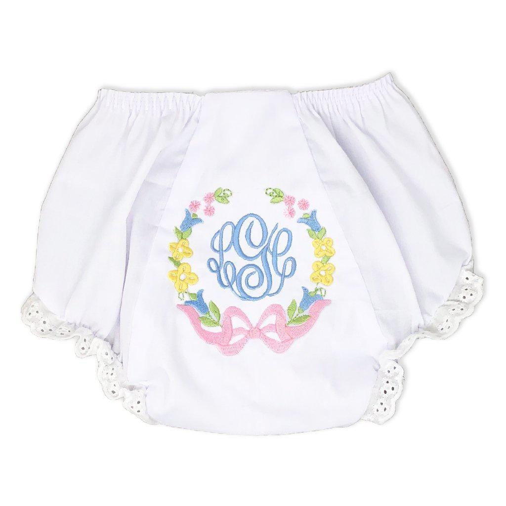 Monogrammed Floral Baby Bloomers with Pink Bow – Miss Monogram